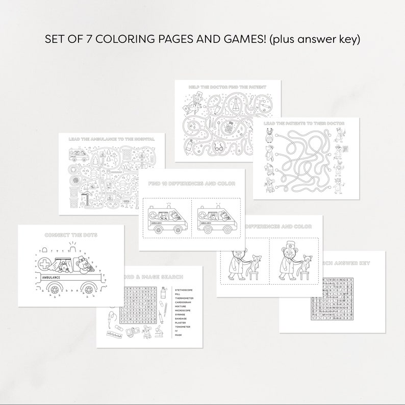 7 Coloring Pages Activity Set Kids Games Mazes Find and Color Word ...