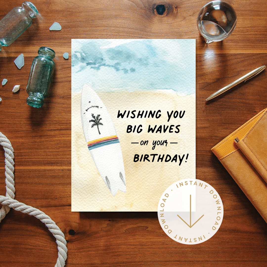Surfing Birthday Card: Beach Ocean Surfboard (instant Download) - Etsy