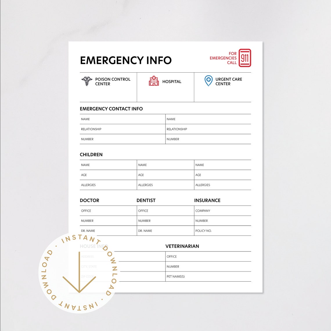 Emergency Contact Sheet Printable PDF Form for Babysitter, Nanny Letter ...