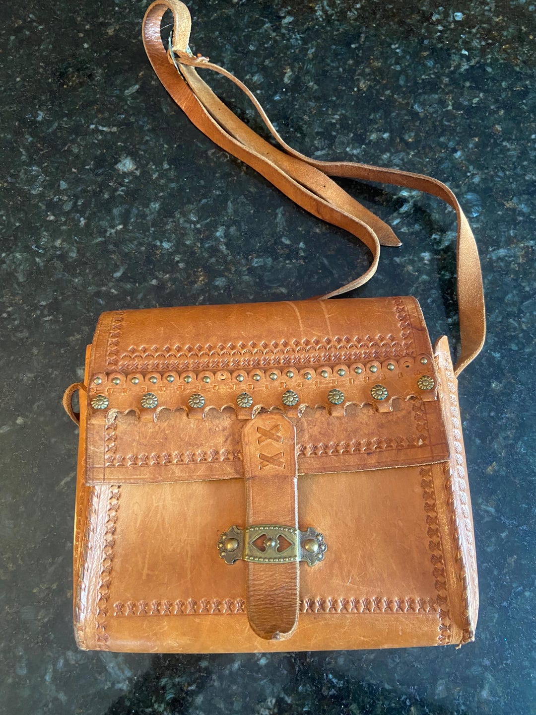 Vintage 1970s Tooled Leather Shoulder Bag - Etsy