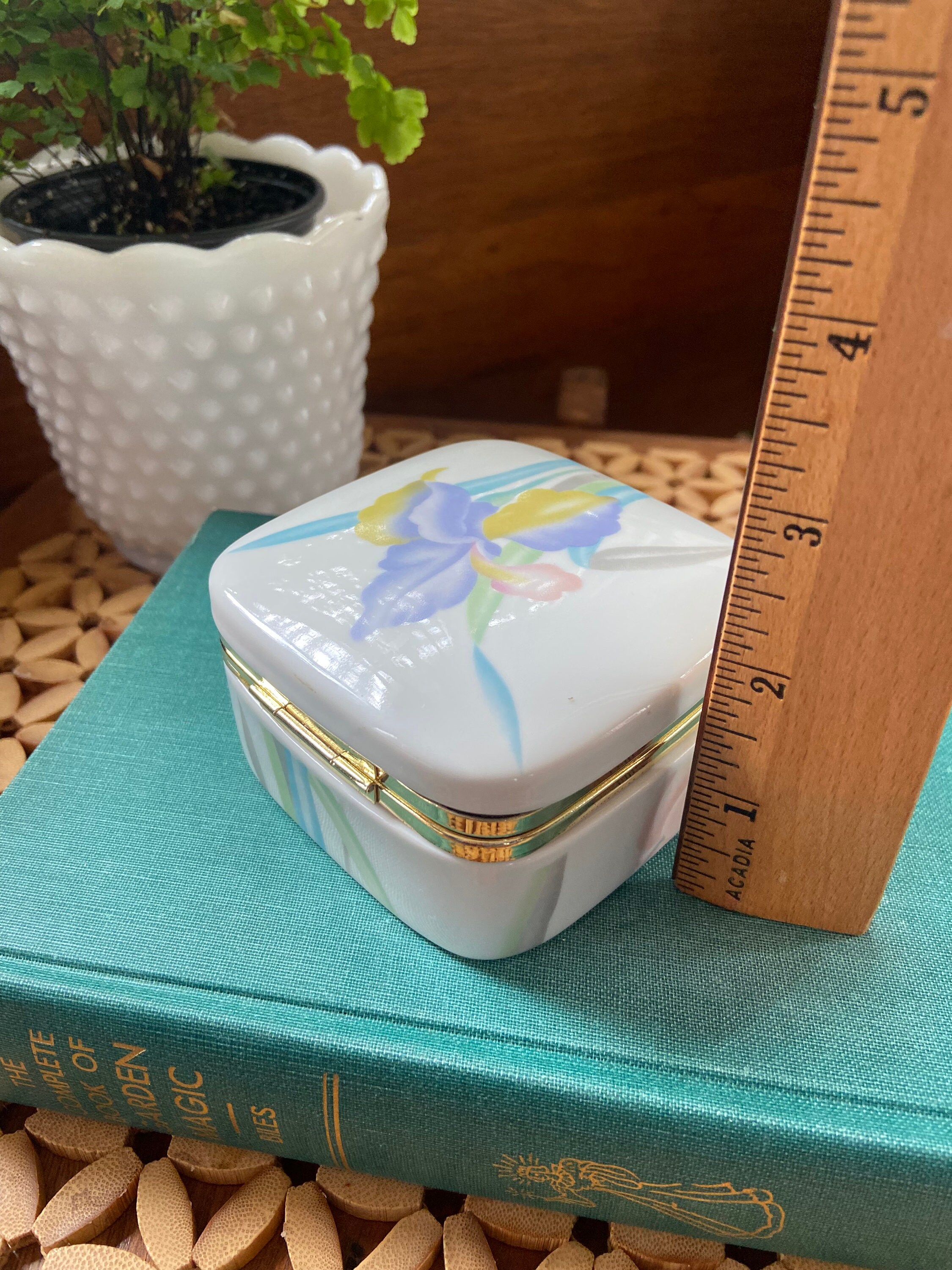 Vintage Porcelain Jewelry Box, Gold-tone Hinge, Iris Floral Motif ...