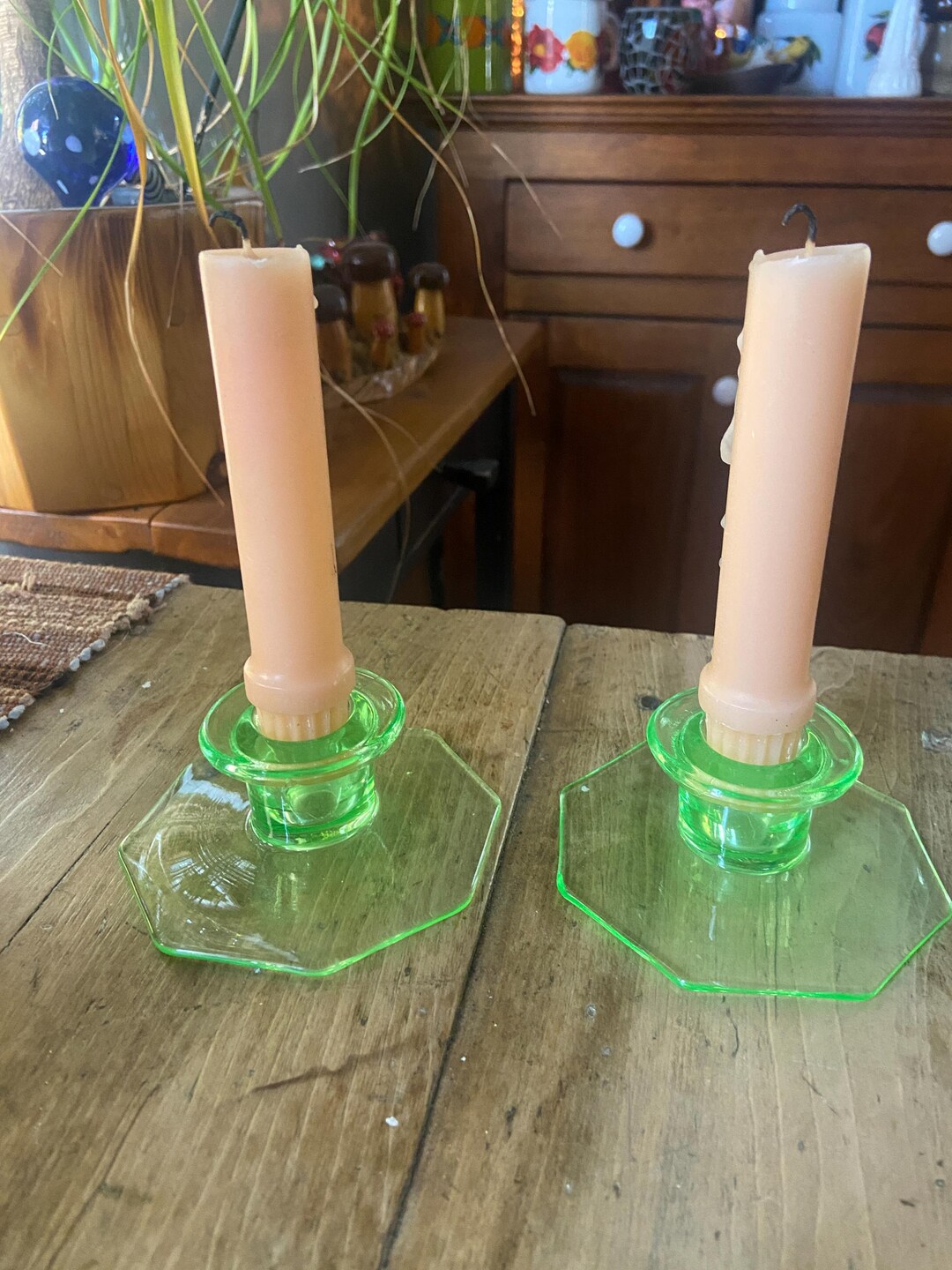Vintage Vaseline / Uranium Green Glass Candle Holders, 1930s, Set of ...