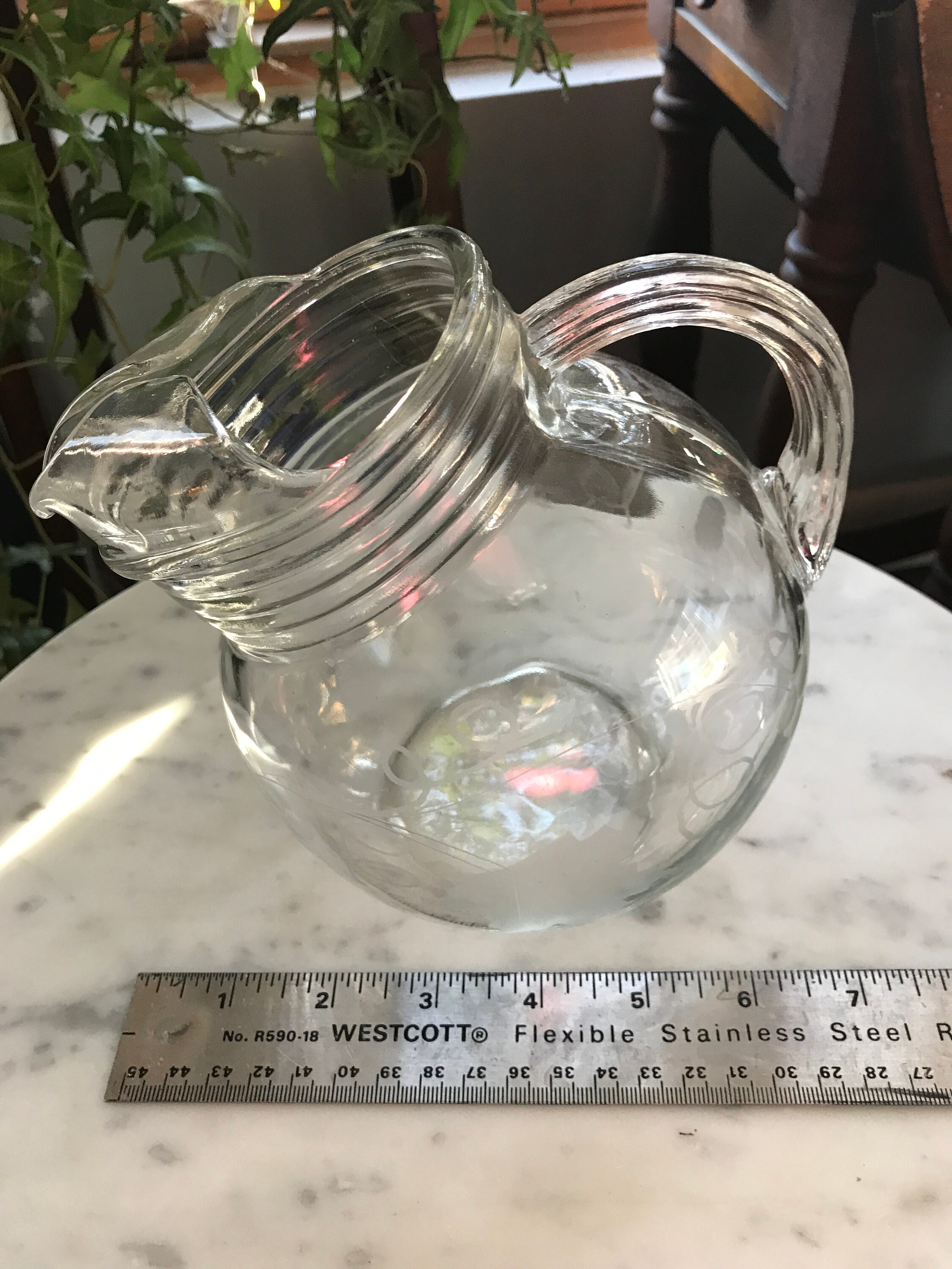 Vintage Clear Glass Tilted Ball Pitcher, Leaves and Grapes Etching ...