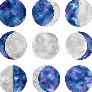 Watercolour Lunar Moon Phase Cycle Art Print - Art Print (8" X 8 ...