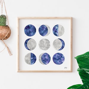 Watercolour Lunar Moon Phase Cycle Art Print - Art Print (8" X 8 ...