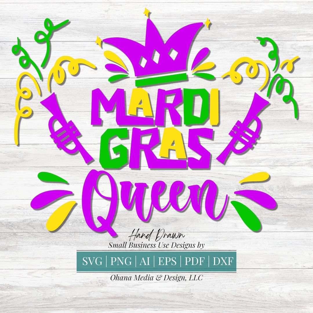 Mardi Gras Queen SVG, NOLA Carnival PNG, With Trumpets, Streams, Crown ...