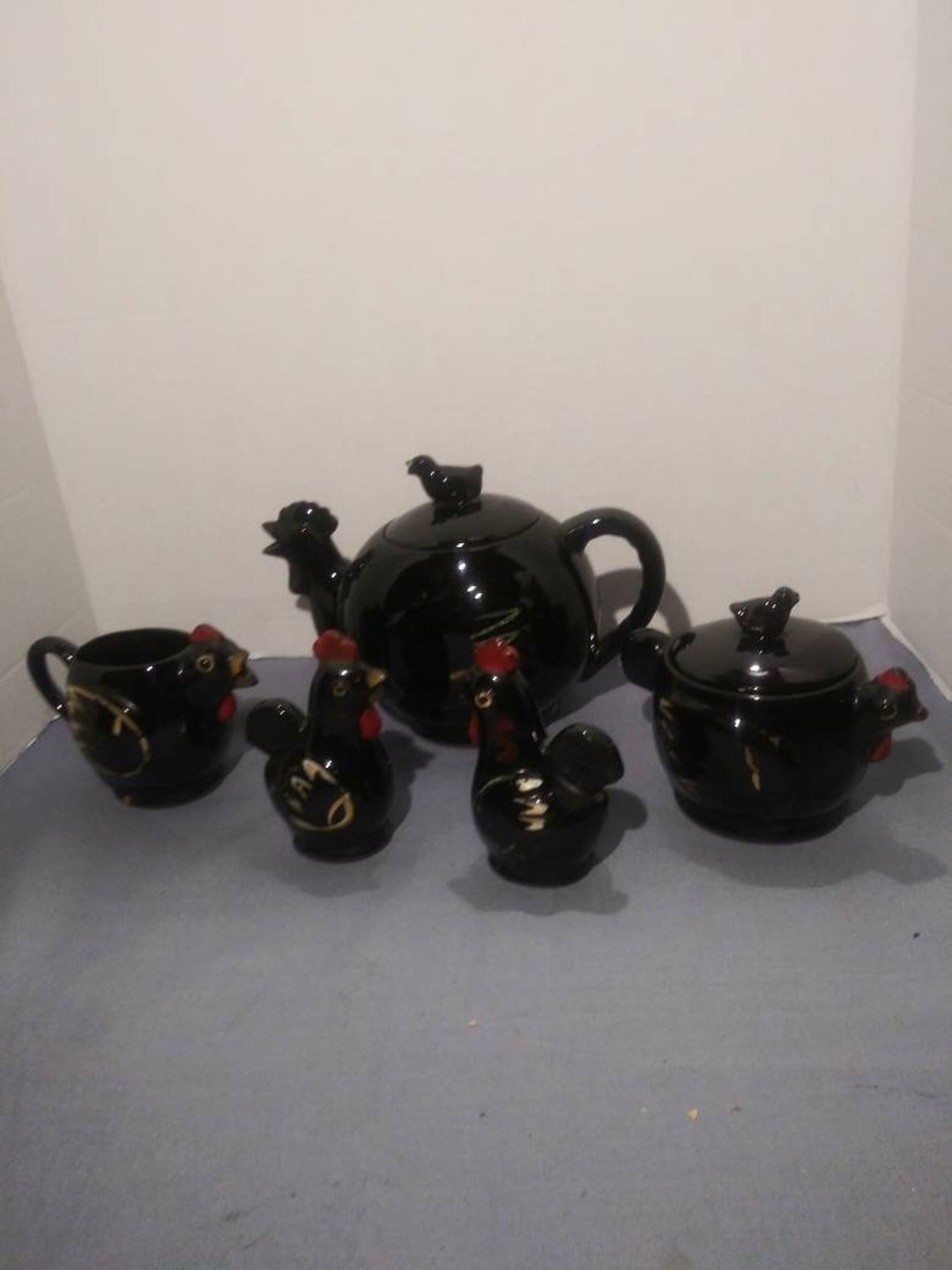 Vintage Hand Painted Royal Japan Redware Chicken Teapot Suger Bowl and ...