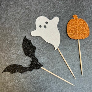 Glitter Halloween Ghost Bat Pumpkin Cupcake Toppers 12 Count ...