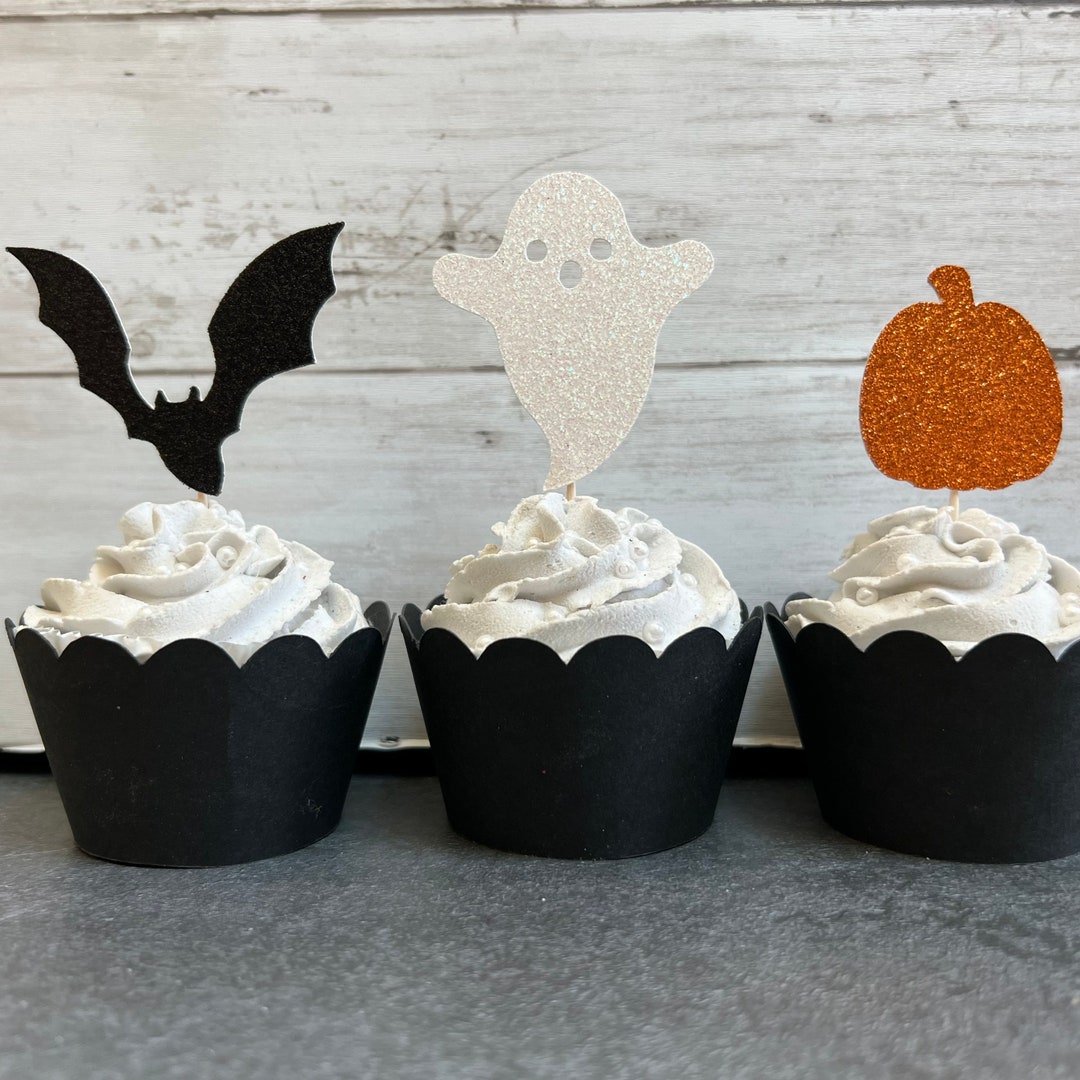 Glitter Halloween Ghost Bat Pumpkin Cupcake Toppers 12 Count ...