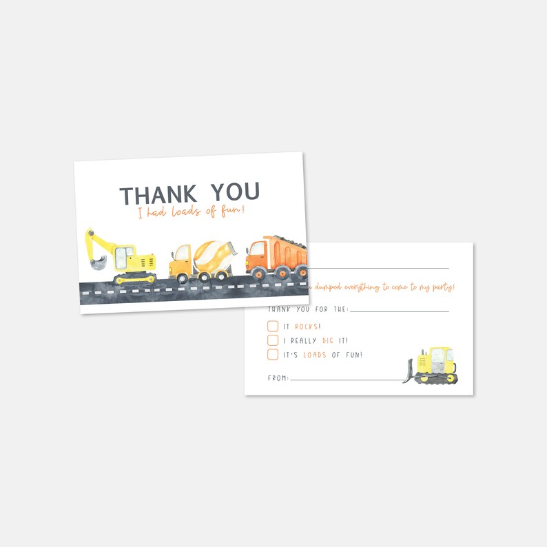 Dump Truck Birthday Thank You Card: Construction Theme (digital ...