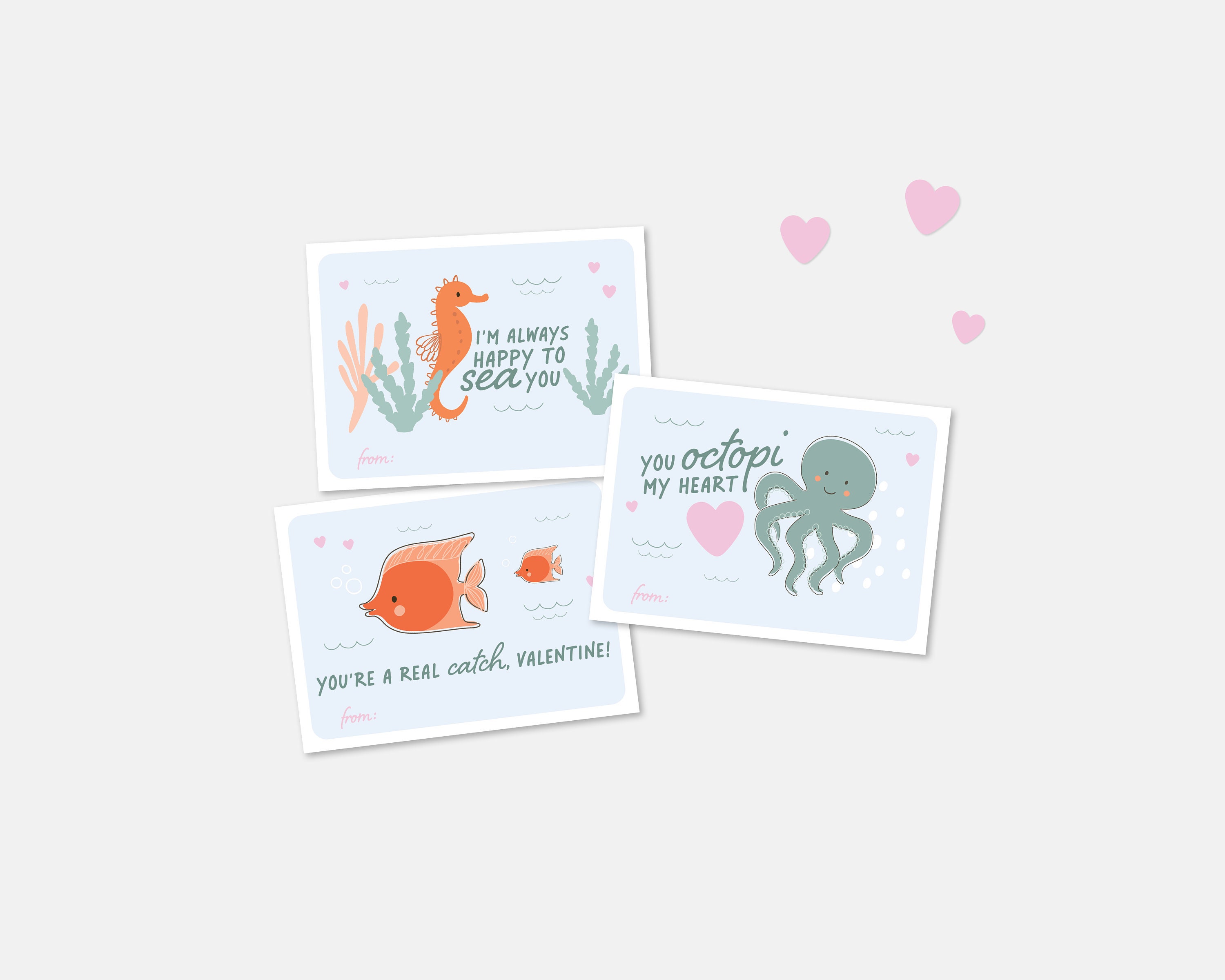 Ocean Animal Valentines, Kids Classroom Valentines, Fish Valentine ...