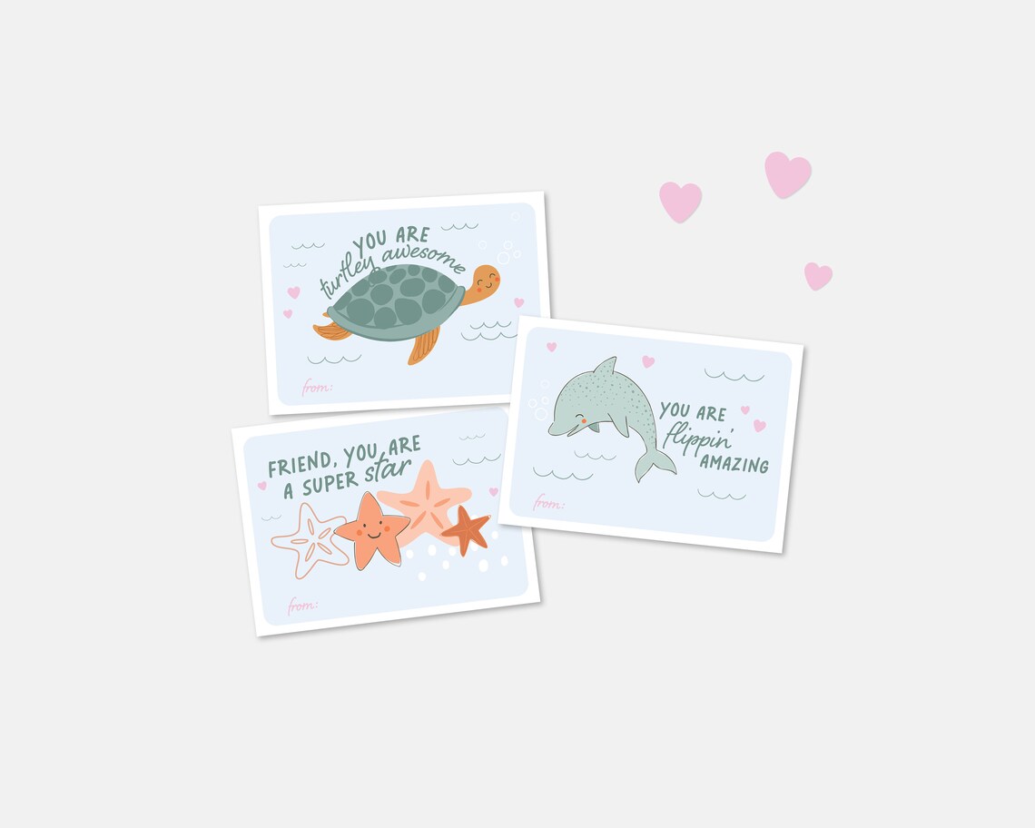 Ocean Animal Valentines, Kids Classroom Valentines, Fish Valentine ...
