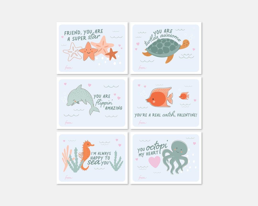 Ocean Animal Valentines, Kids Classroom Valentines, Fish Valentine ...