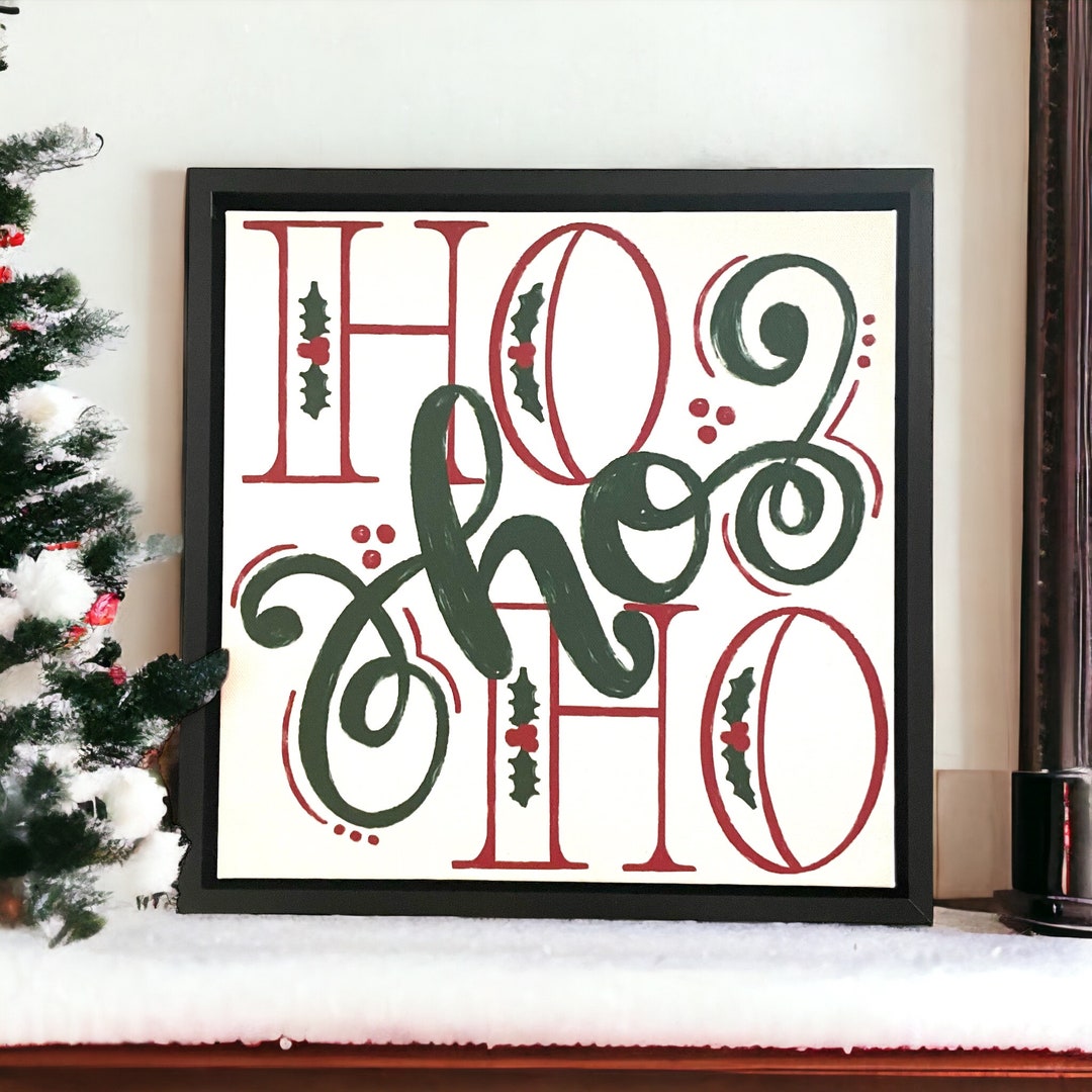 Ho Ho Ho Red and Green Christmas Sign | Framed Canvas | Holly Leaves - Etsy