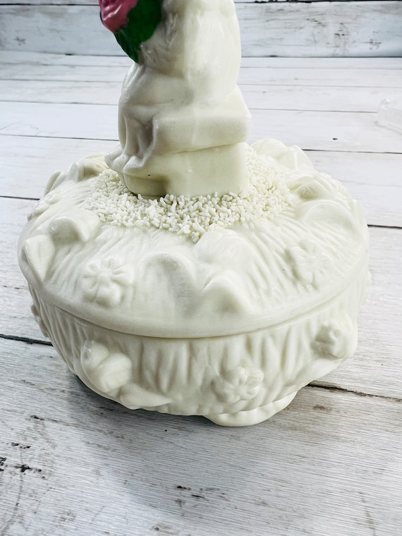 Porcelain Girl Rabbit Holding Pink Flowers Round Shap… - Gem