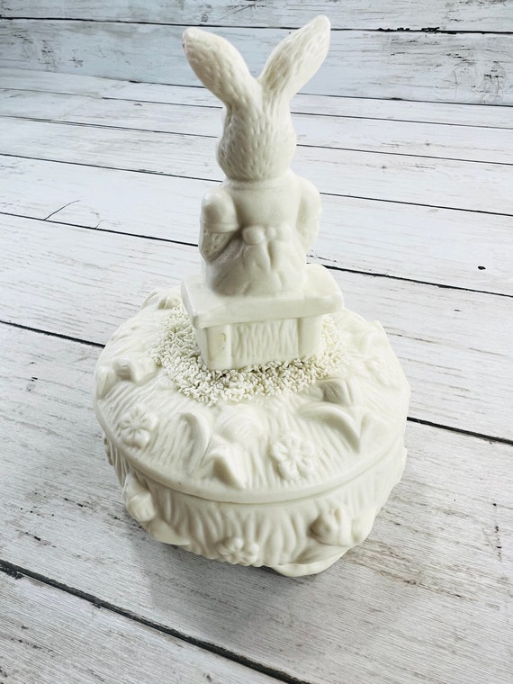 Porcelain Girl Rabbit Holding Pink Flowers Round Shap… - Gem