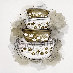 Drawing & Illustration DIGITAL DOWNLOAD Vintage Pyrex inspired drawing ...
