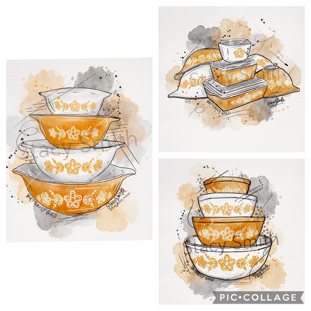 Vintage Pyrex Drawing Butterfly Gold - DIGITAL DOWNLOAD BUNDLE of Three ...