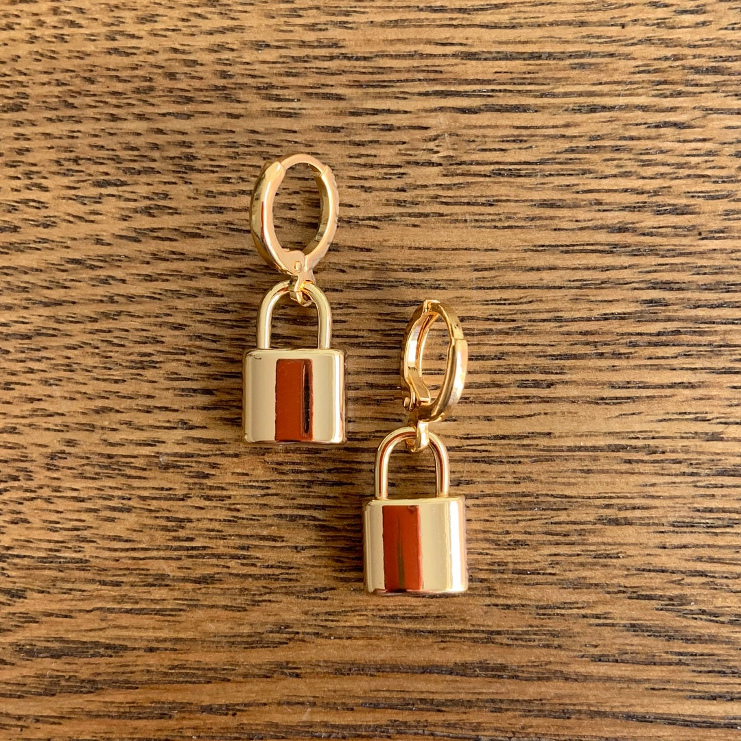 Lock Earrings, 18K Gold Hoop Earrings, Gift for Her, Gold Huggies, Gold ...