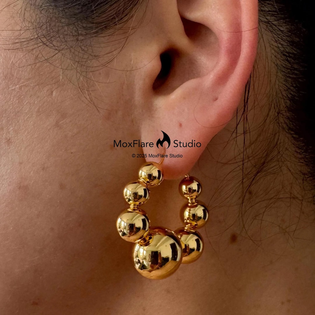 Chunky Gold Ball Hoop Earrings: 18K Gold Plated Brass, 37mm - Etsy