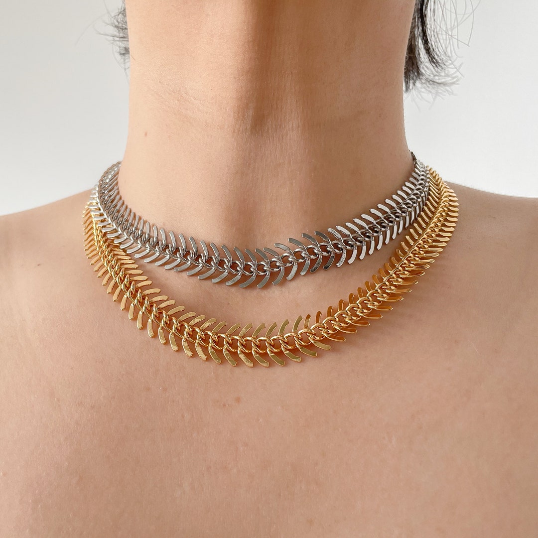 Fishbone Necklace, Choker Necklace, Statement Necklace, Stainless Steel ...