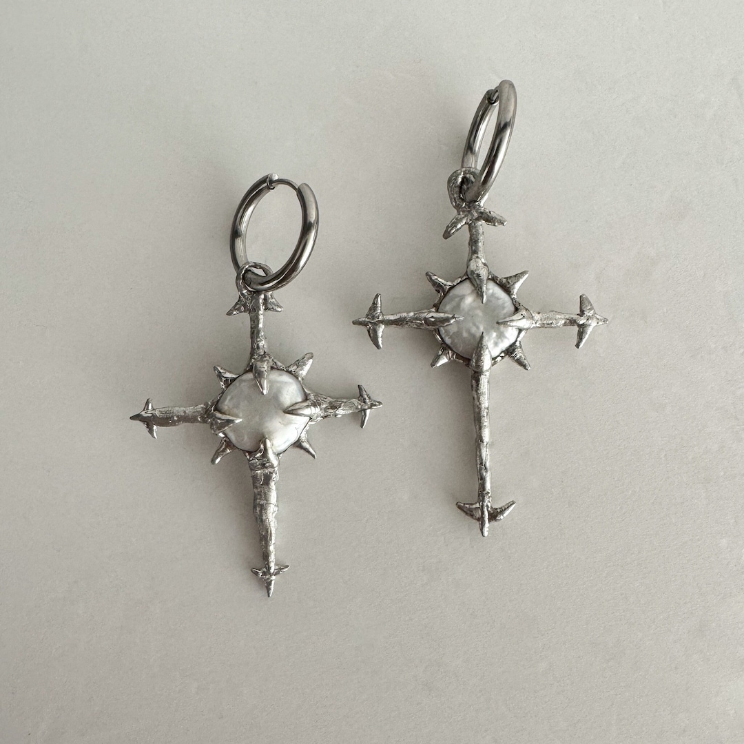 Silver Earrings, Cross Earrings, Punk Earrings, Silver Hoops Earrings ...