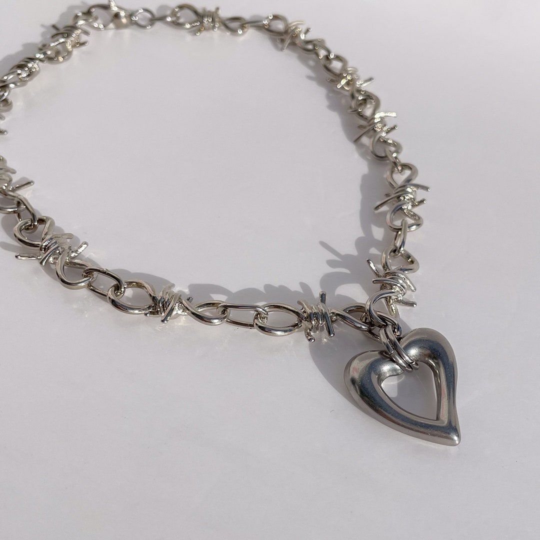 Barbed Wire Necklace. Gothic Necklace Puffy Heart Necklace, Y2K ...