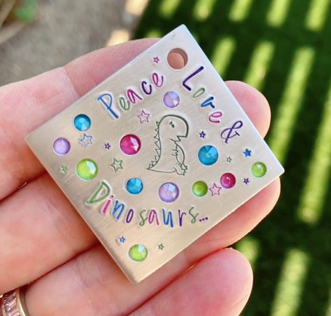 Fancy Custom Dog Tag With Austrian Crystals, Peace, Love and Dinosaurs ...