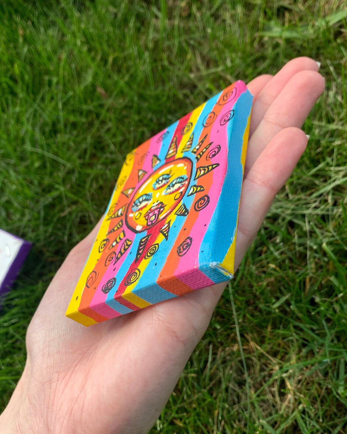 Hand painted acid tab Sun on mini canvas. | Etsy