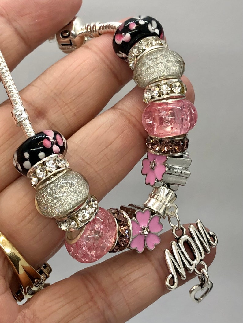 Pandora Style Charm Bracelet. Pink Tones With MOM Charm. Daisy - Etsy