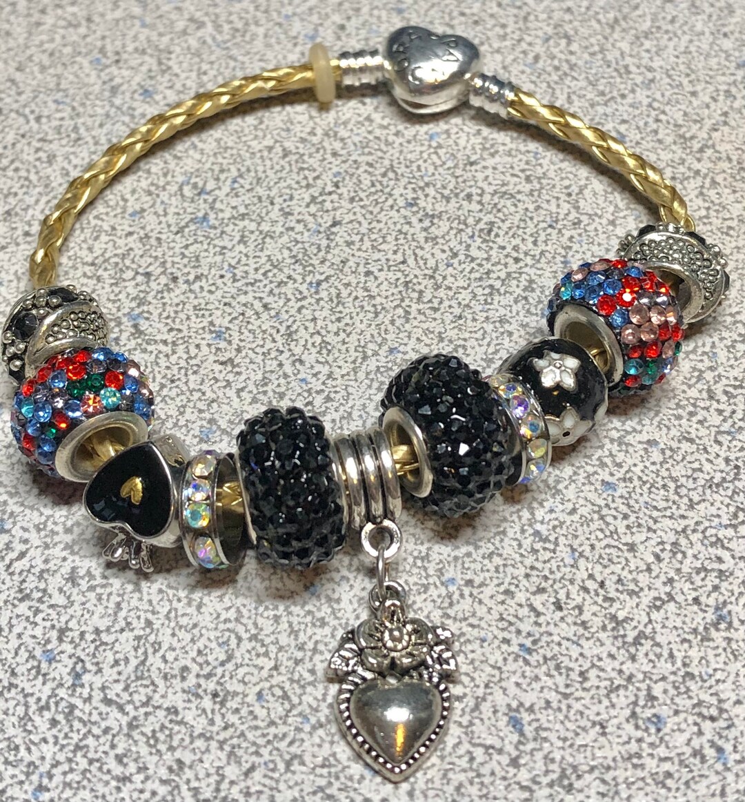 Pandora like Gold leather charm bracelet with sterling silver - Etsy ...
