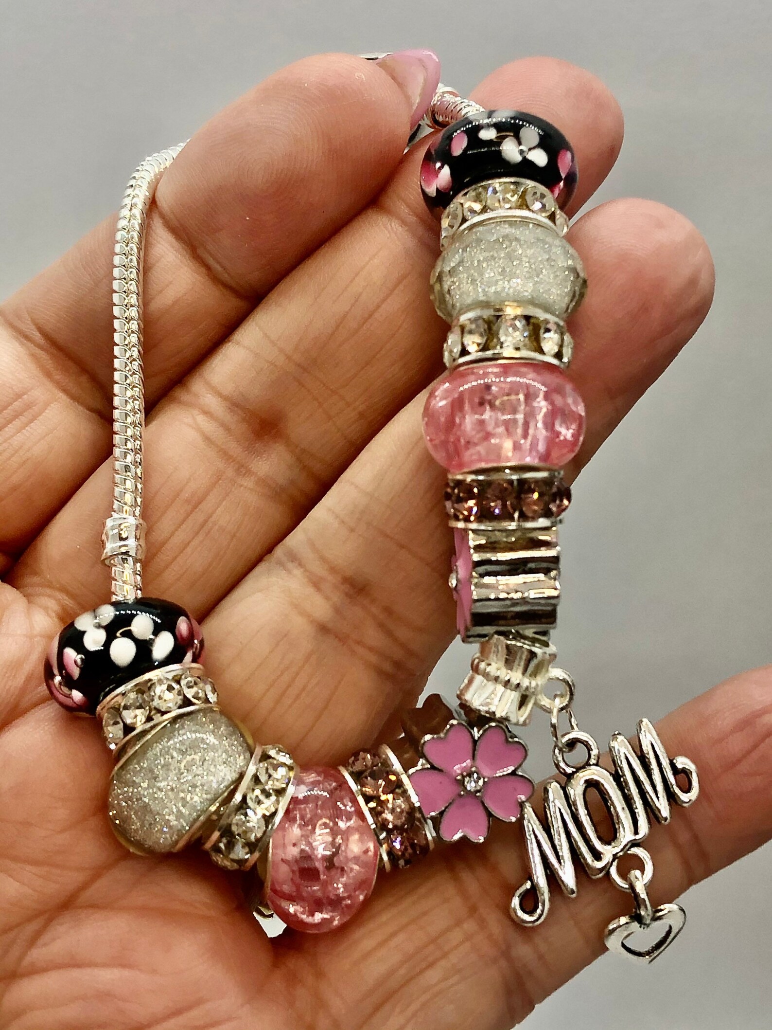 Pandora Style Charm Bracelet. Pink Tones With MOM Charm. Daisy - Etsy