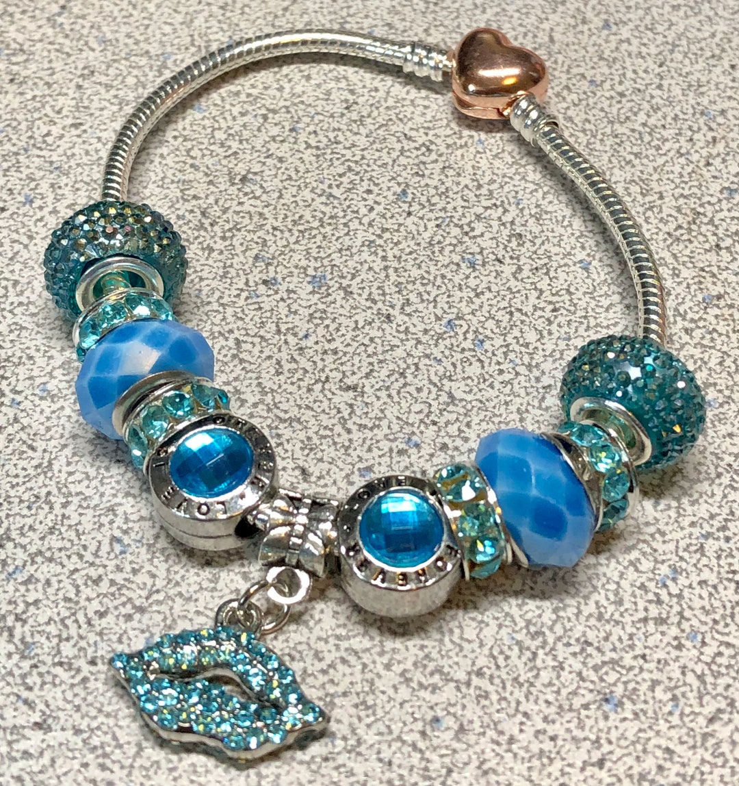 Pandora Like Charm Bracelet. HOT LIPS Blue Silver and Rose Gold Clasp ...