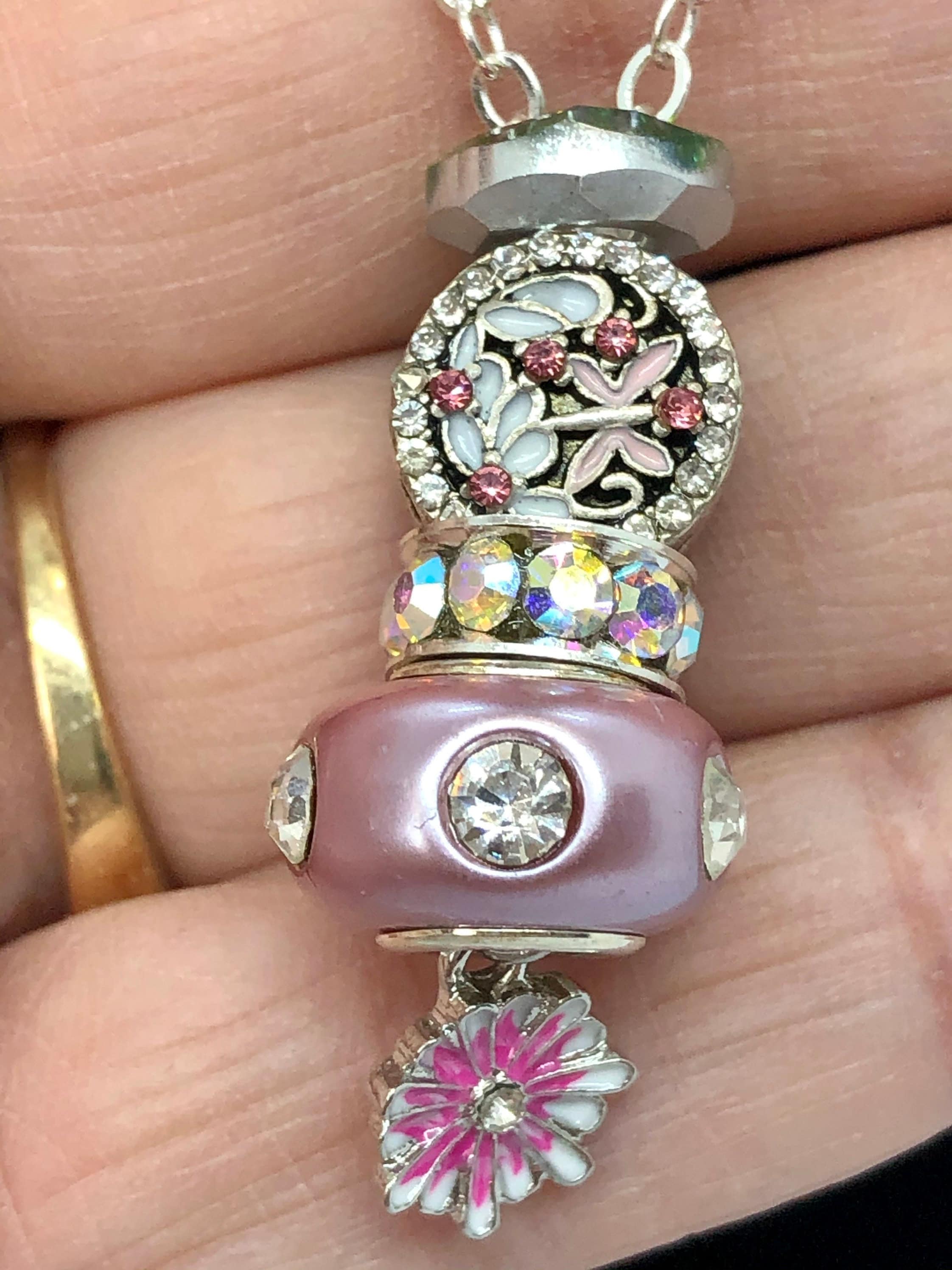 Pandora like Charm Necklace pink daisy and aurora borealis | Etsy