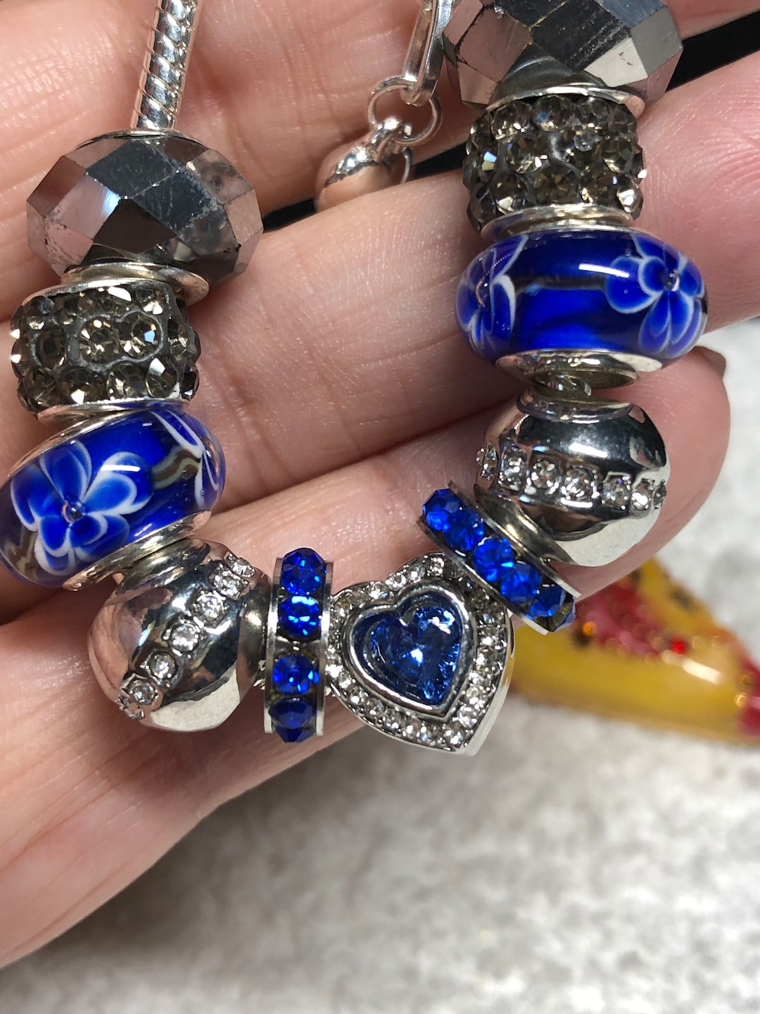 Pandora like charm Rhinestone HEART. BRIGHT silver and royal Blue ...