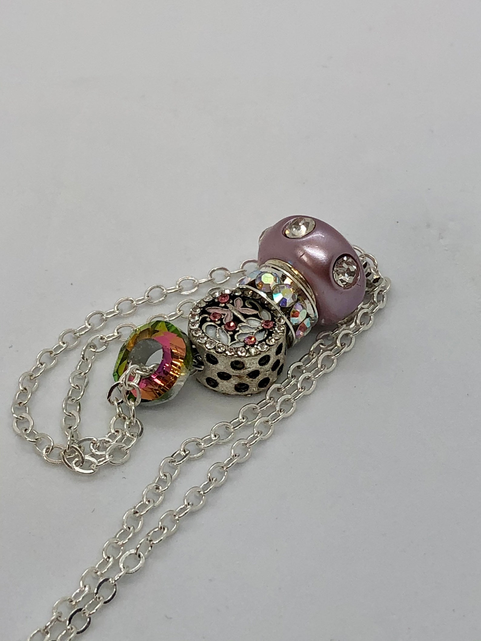 Pandora like Charm Necklace pink daisy and aurora borealis | Etsy