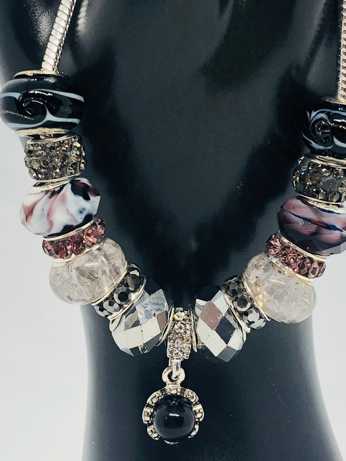 Pandora like charm bracelet black PEARL . Loaded with charms | Etsy