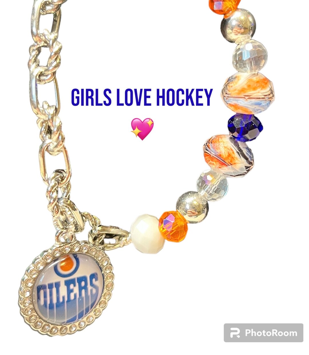 SILVER Edmonton Oilers Theme CHUNKY Bracelet-handmade, Orange and Blue ...