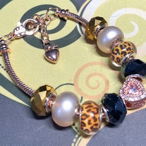 Pandora Like Charm Bracelet/rose Gold/leopard Print Bead/beautiful ...
