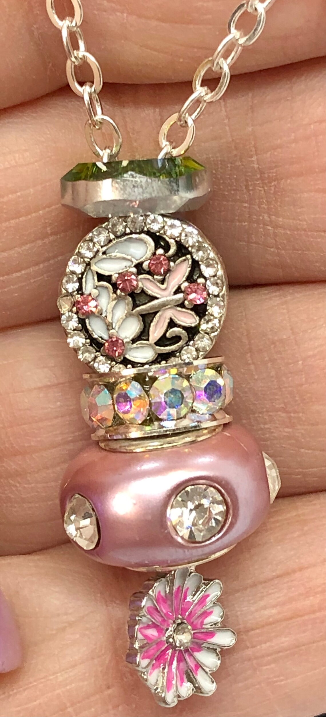 Pandora Like Charm Necklace Pink Daisy and Aurora Borealis | Etsy