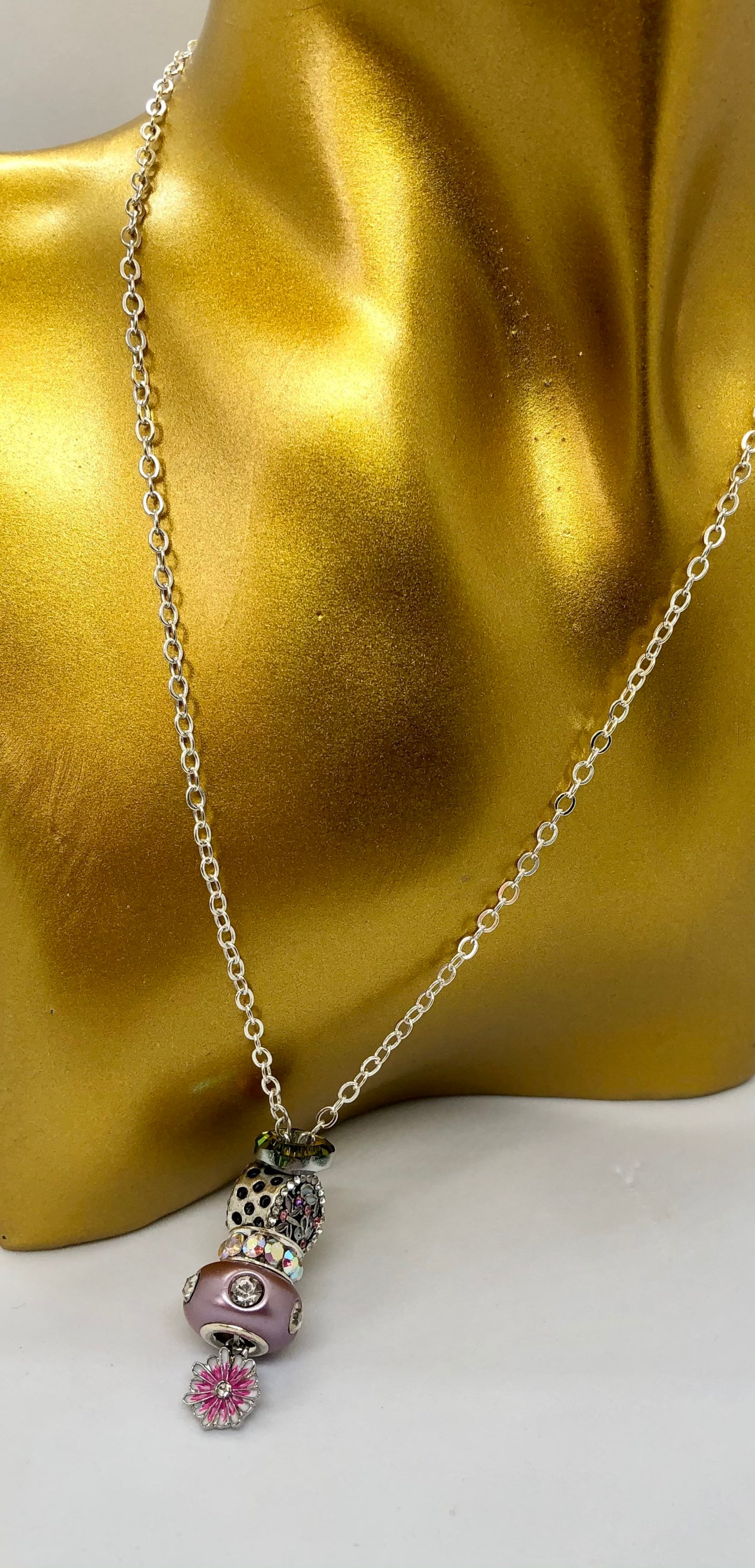 Pandora like Charm Necklace pink daisy and aurora borealis | Etsy