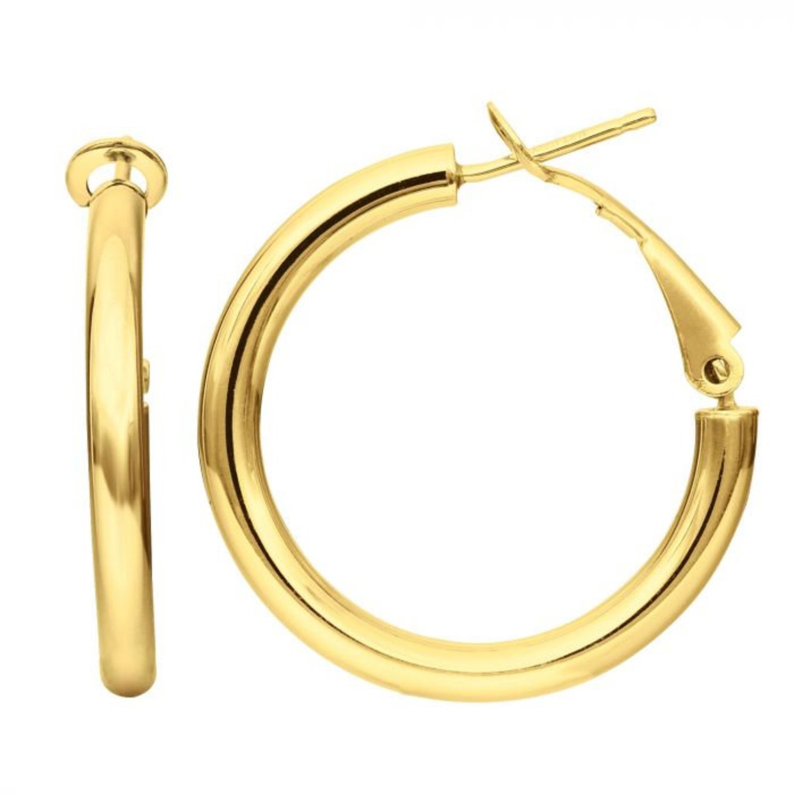 14K Solid Yellow Gold 2x20mm Polished Omega Back Hoop Earring for Women ...
