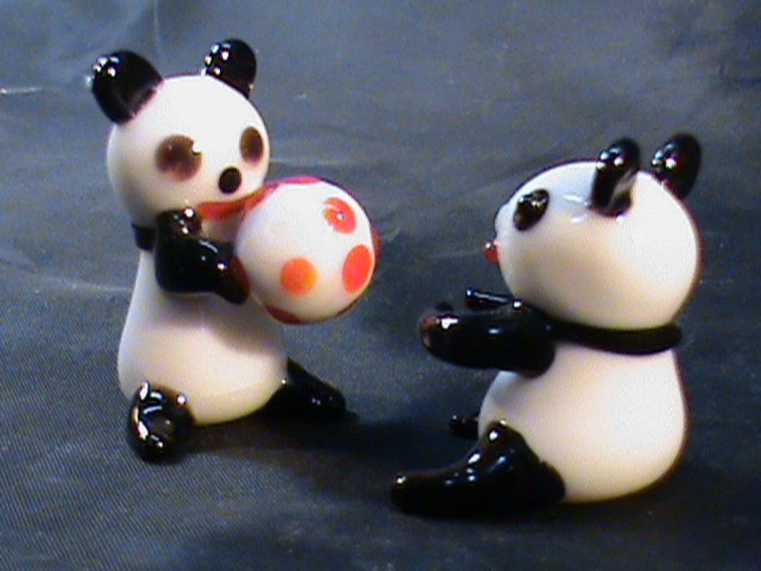 2-vintage Hand Blown Glass Miniature Art Figurines Pandas Playing With ...