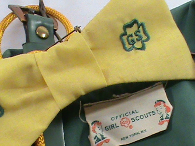 Vintage Girl Scout Uniform Dress With Beret Yellow Bow Tie Bolo Tie