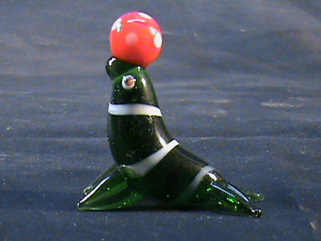 2-vintage Hand Blown Glass Miniature Art Figurines Green Seal Balancing ...