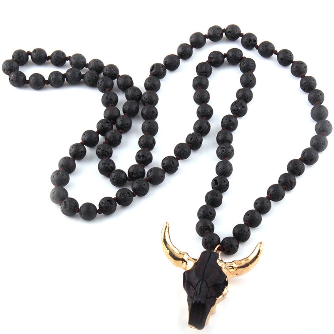 Black Lava Stone Knotted Bull Gold Painted Horn Pendant Necklace for ...
