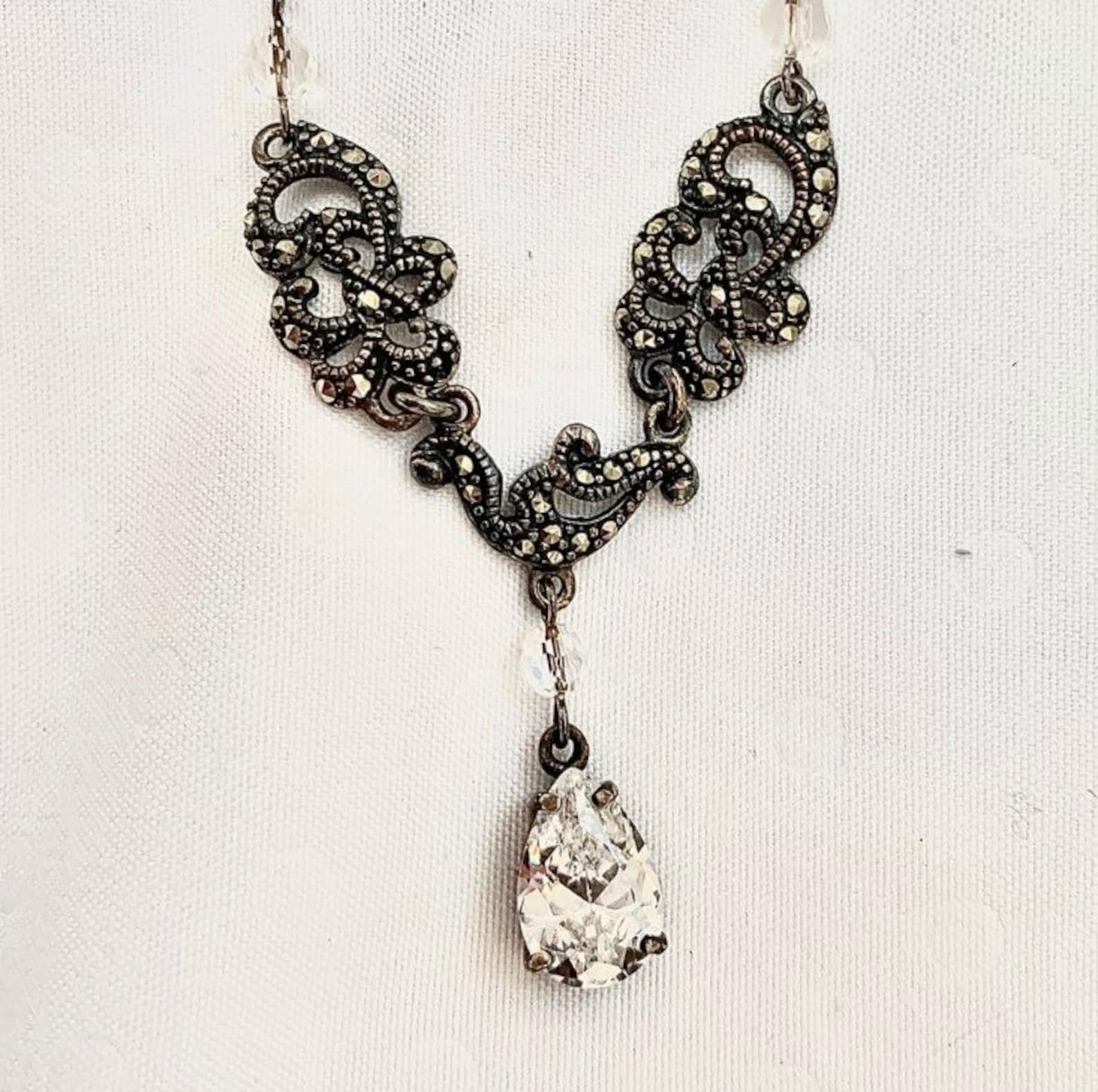 Teardrop Pendant Choker Necklace, Marcasite Style Scroll Design - Etsy