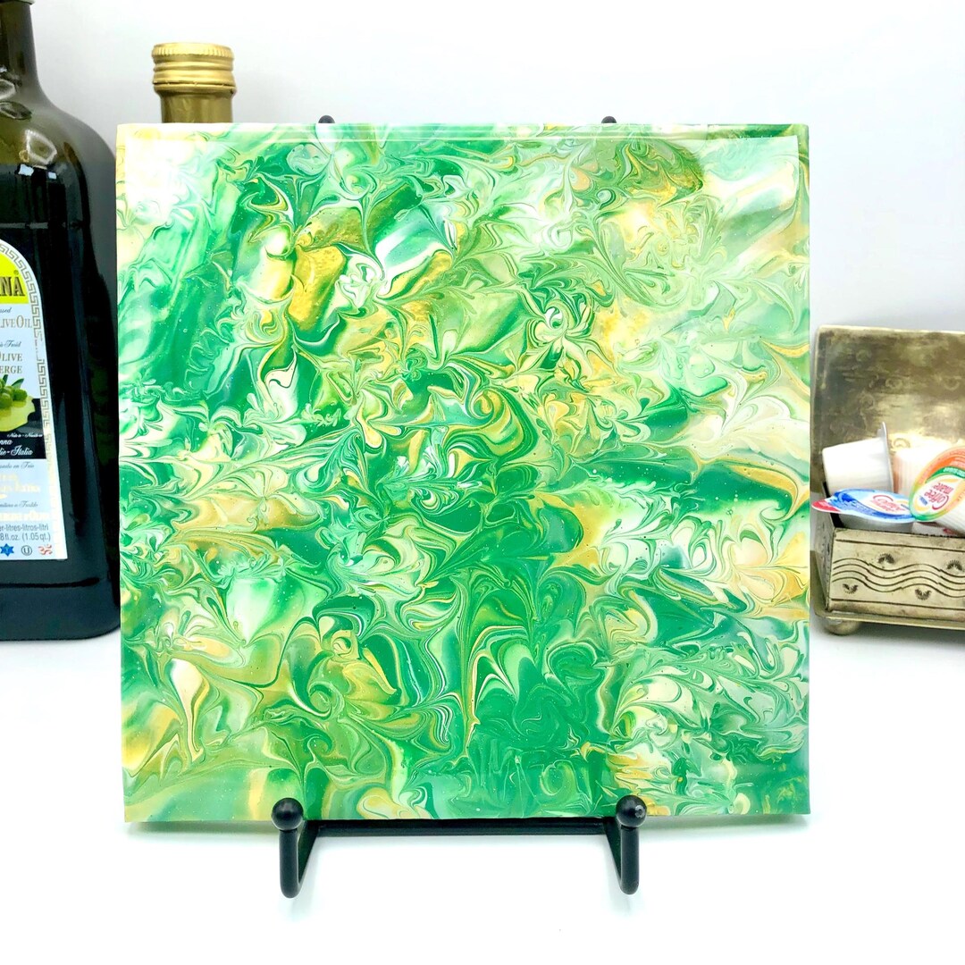 Resin Coated Trivet: Green, Yellow, & White Fluid Art - 8x8" Heat Proof ...