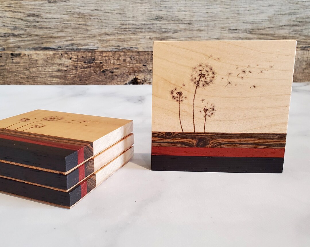 Dandelion Wood Coasters set of 4, Housewarming Gift, Kitchen Gift ...