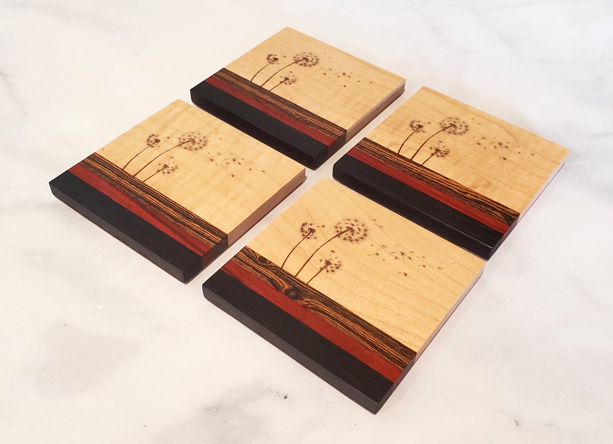 Dandelion Wood Coasters set of 4, Housewarming Gift, Kitchen Gift ...